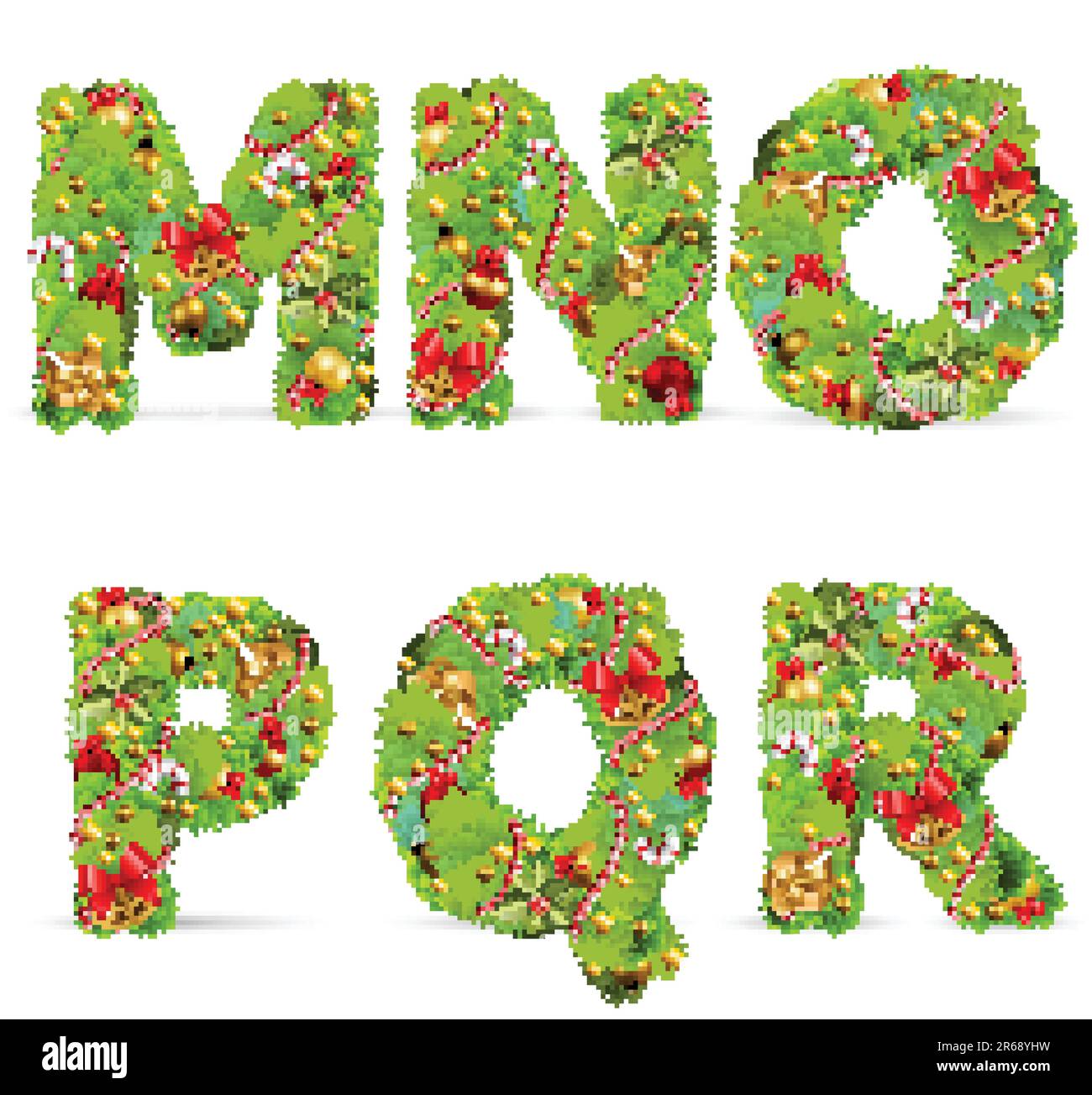 MNOPQR, vector christmas tree font with green fir and baublest Stock ...