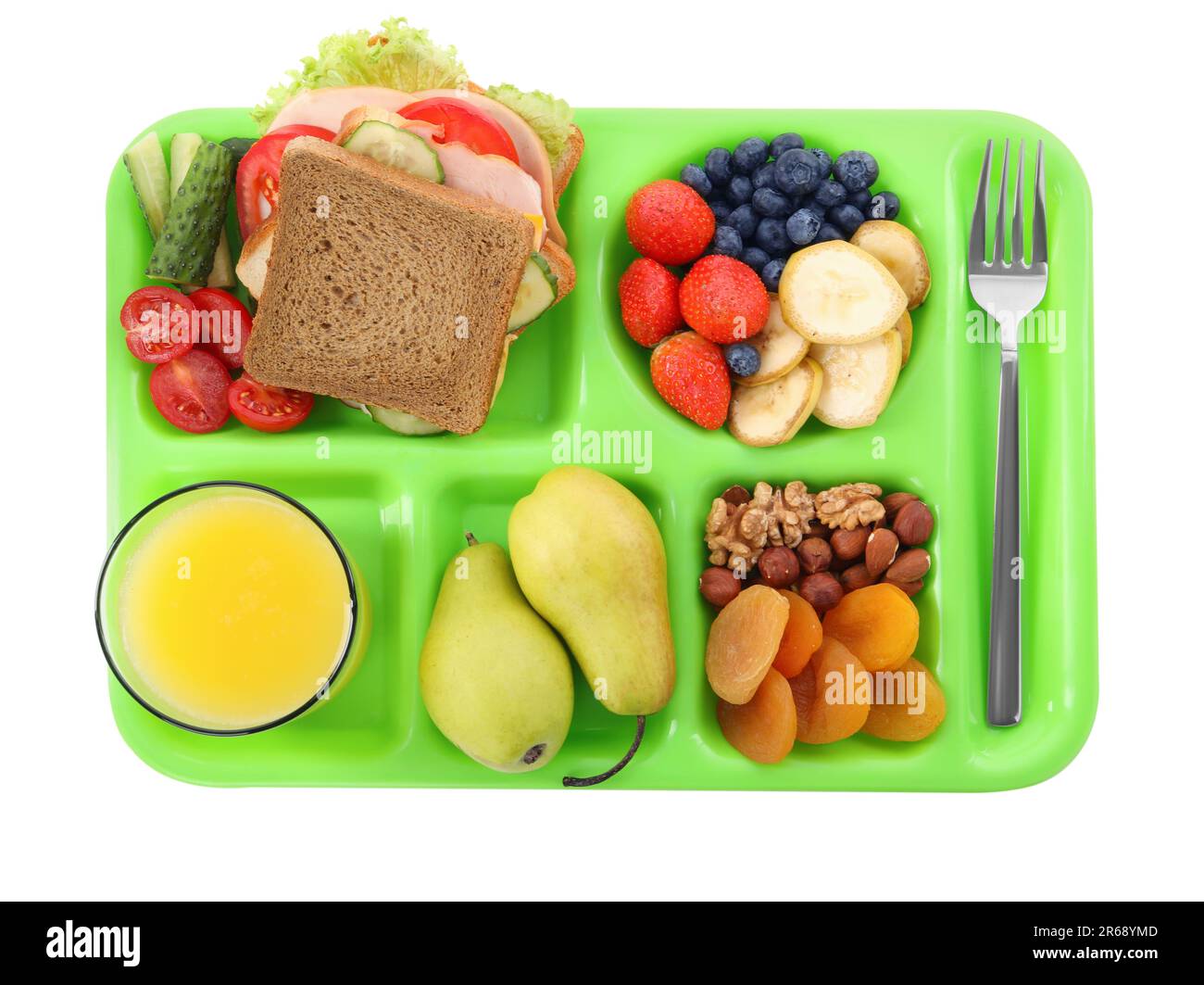 Serving tray with tasty healthy food and juice isolated on white, top ...