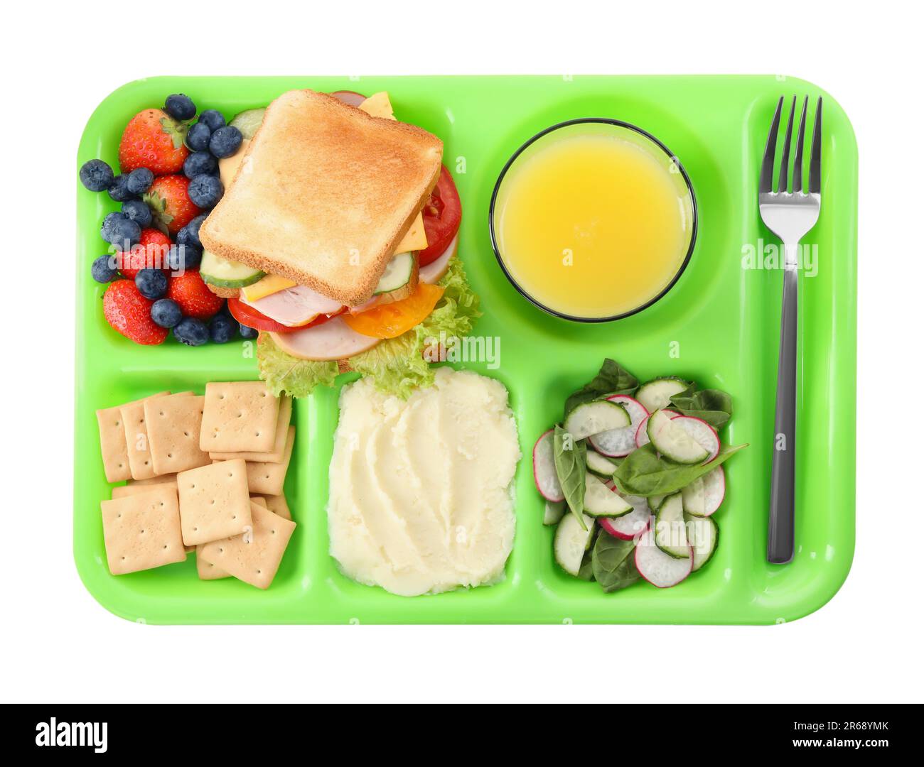 Serving tray with tasty healthy food and juice isolated on white, top ...