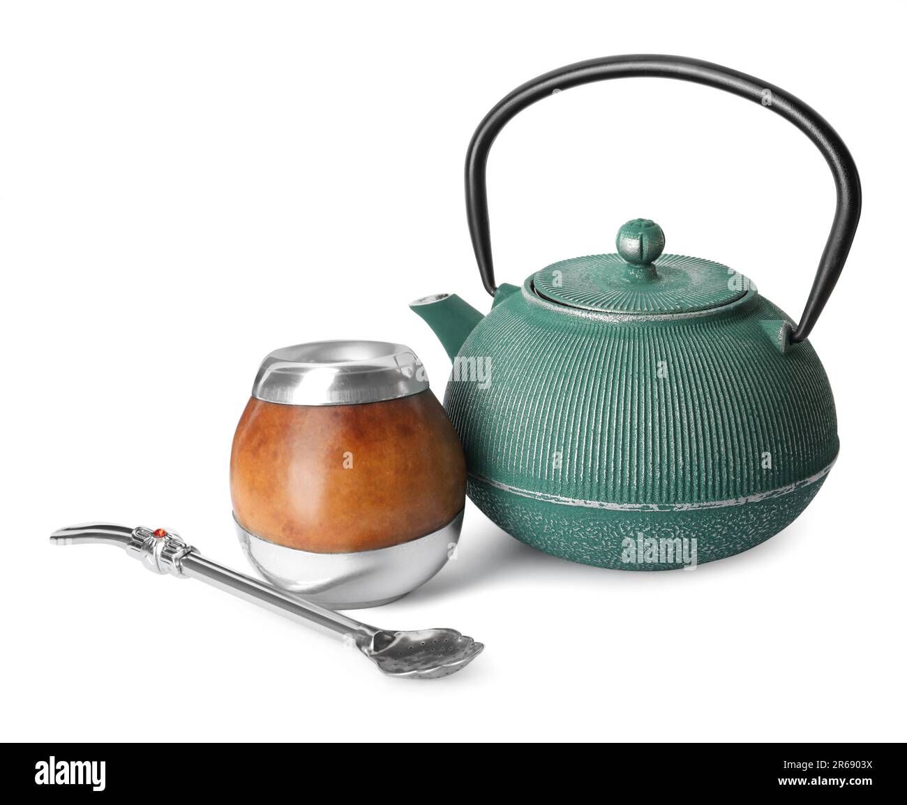 Calabash with mate tea, bombilla and teapot on white background Stock ...