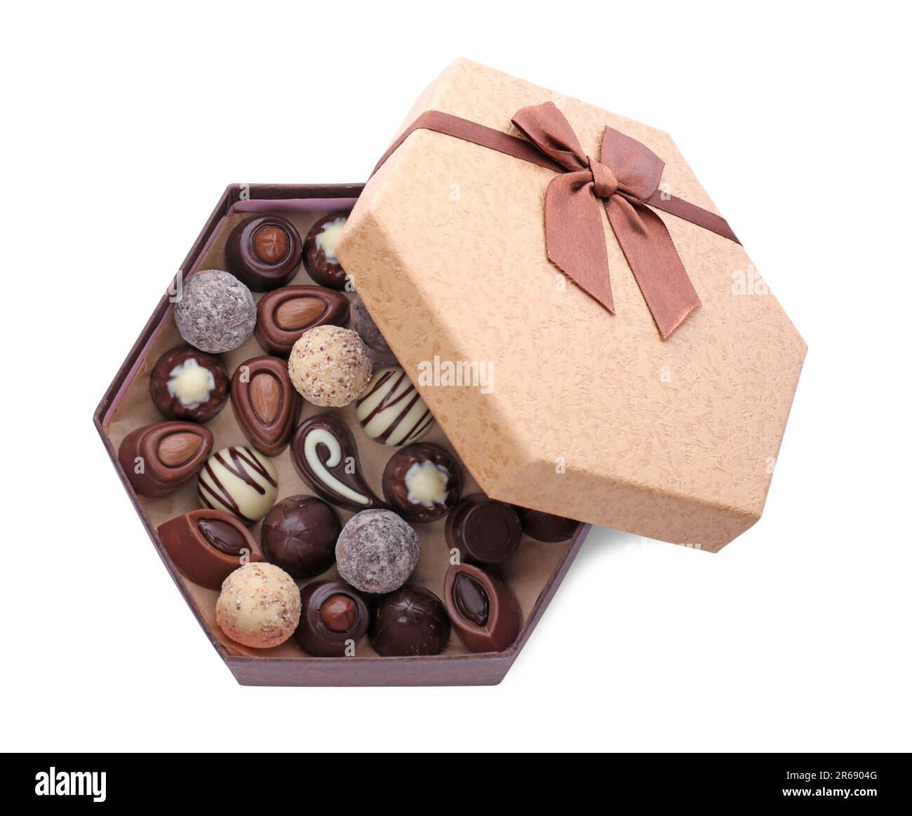 Box of delicious chocolate candies isolated on white, top view Stock ...