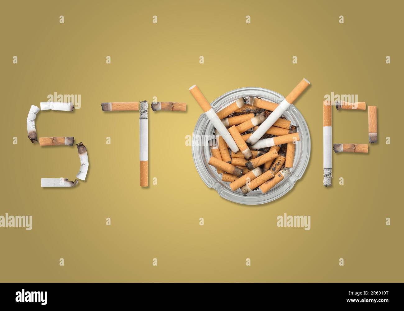 Quitting smoking concept. Word Stop made of burnt cigarettes and glass ...