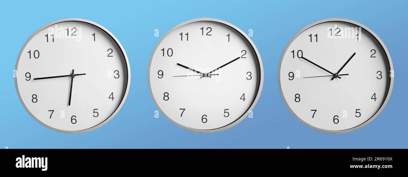 Stylish clock showing different time on light blue background, collage ...