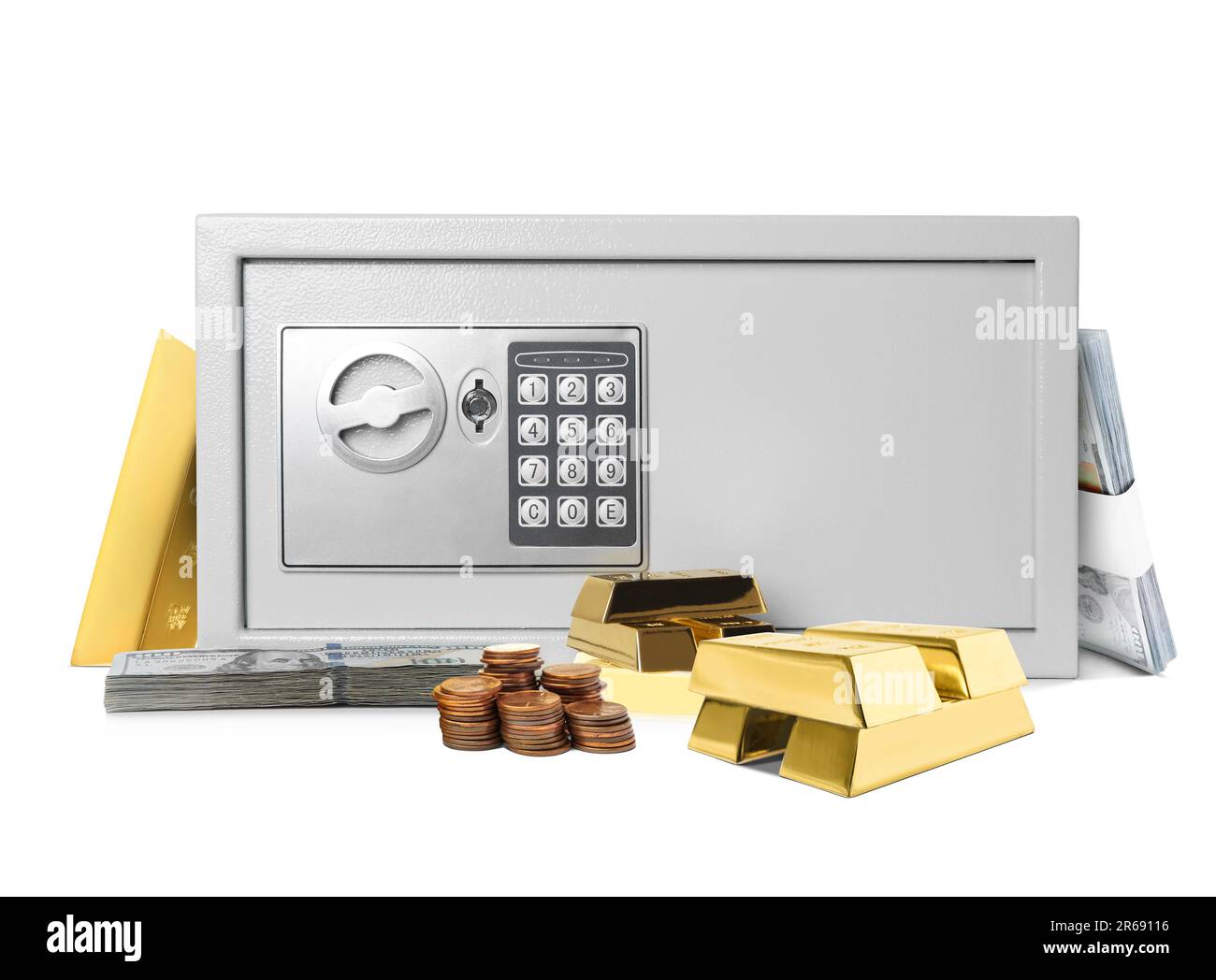 Closed steel safe with money and gold bars on white background Stock ...