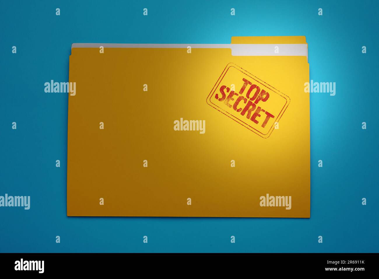 Yellow file with documents and Top Secret stamp on light blue ...