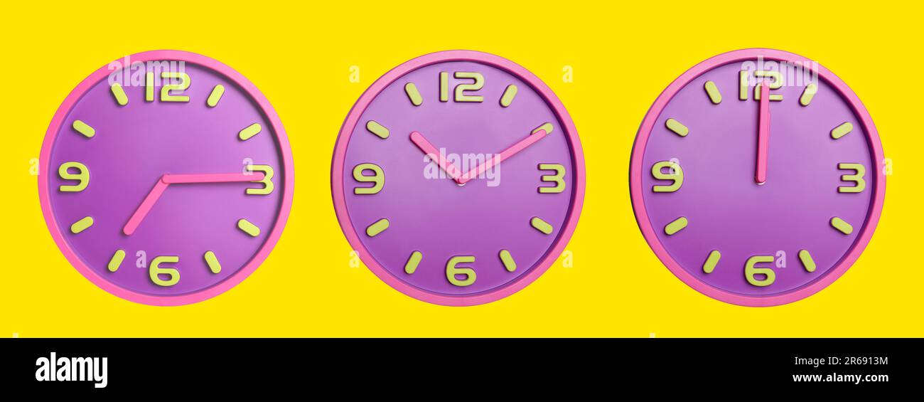 Stylish purple clock showing different time on yellow background ...