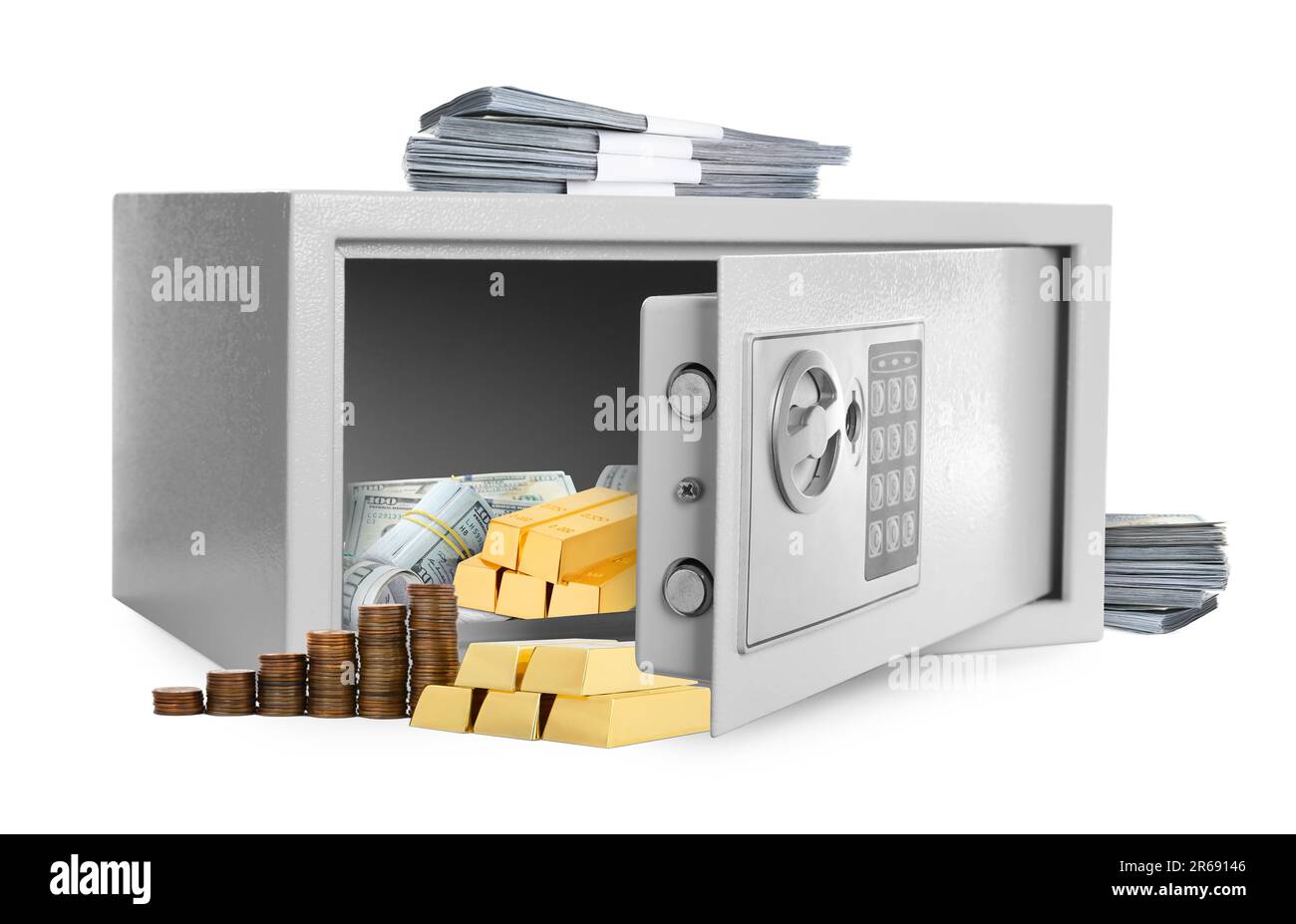 Open steel safe with money and gold bars on white background Stock ...