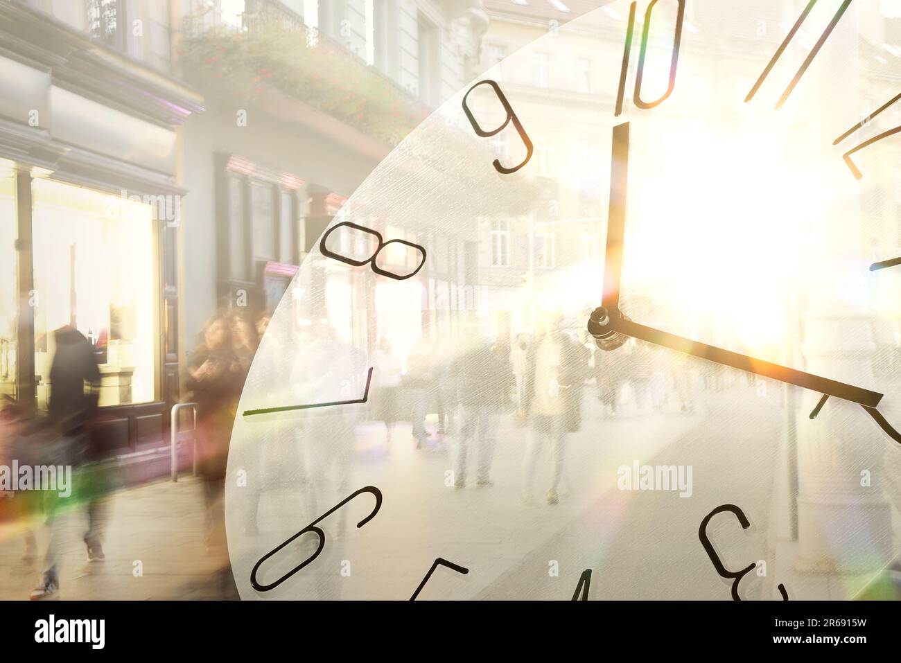 Time related concepts. People walking in city and clock, blurred view ...