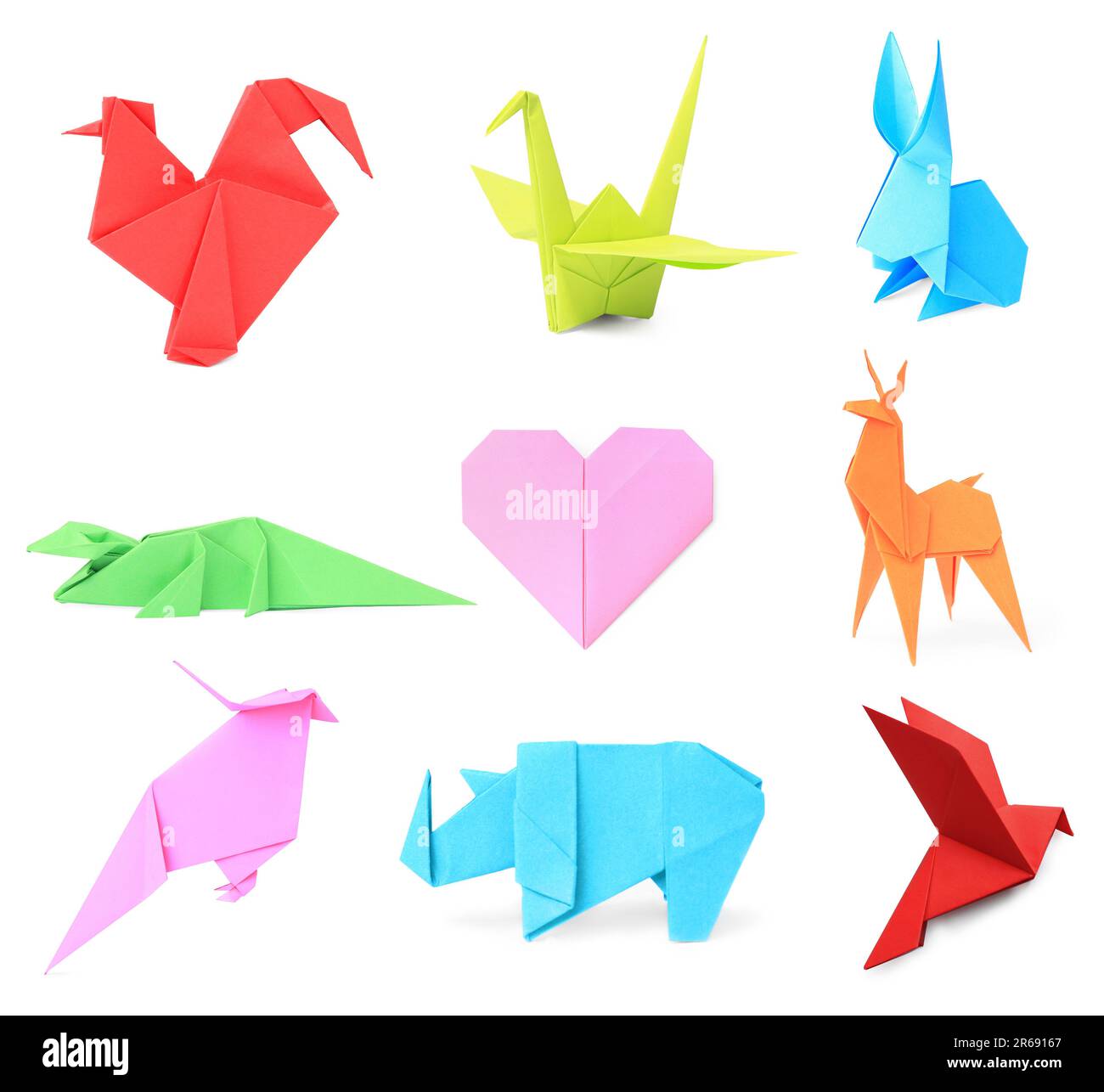Collage with many different paper figures on white background. Origami ...