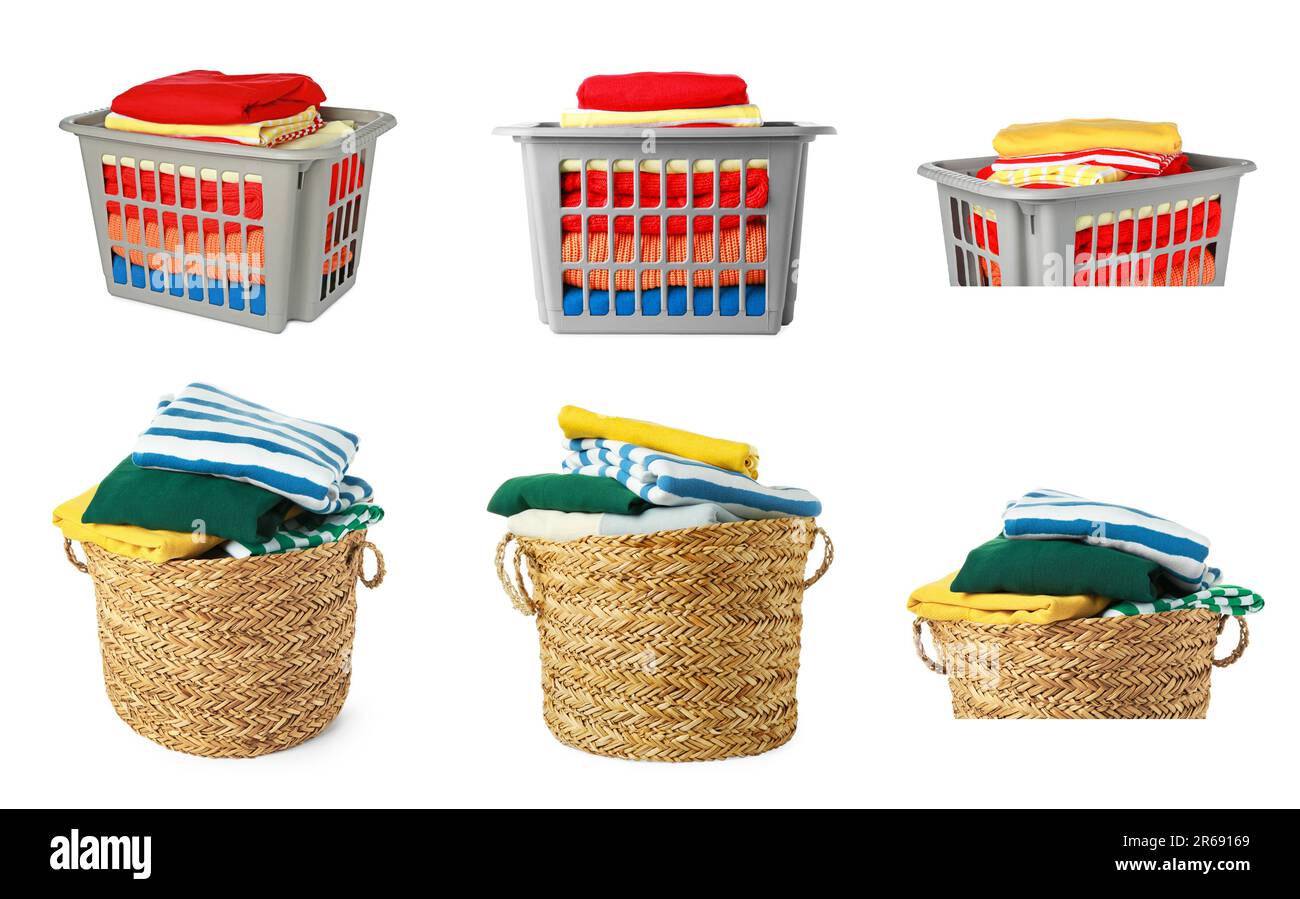 Collage with laundry baskets full of clothes on white background, views ...