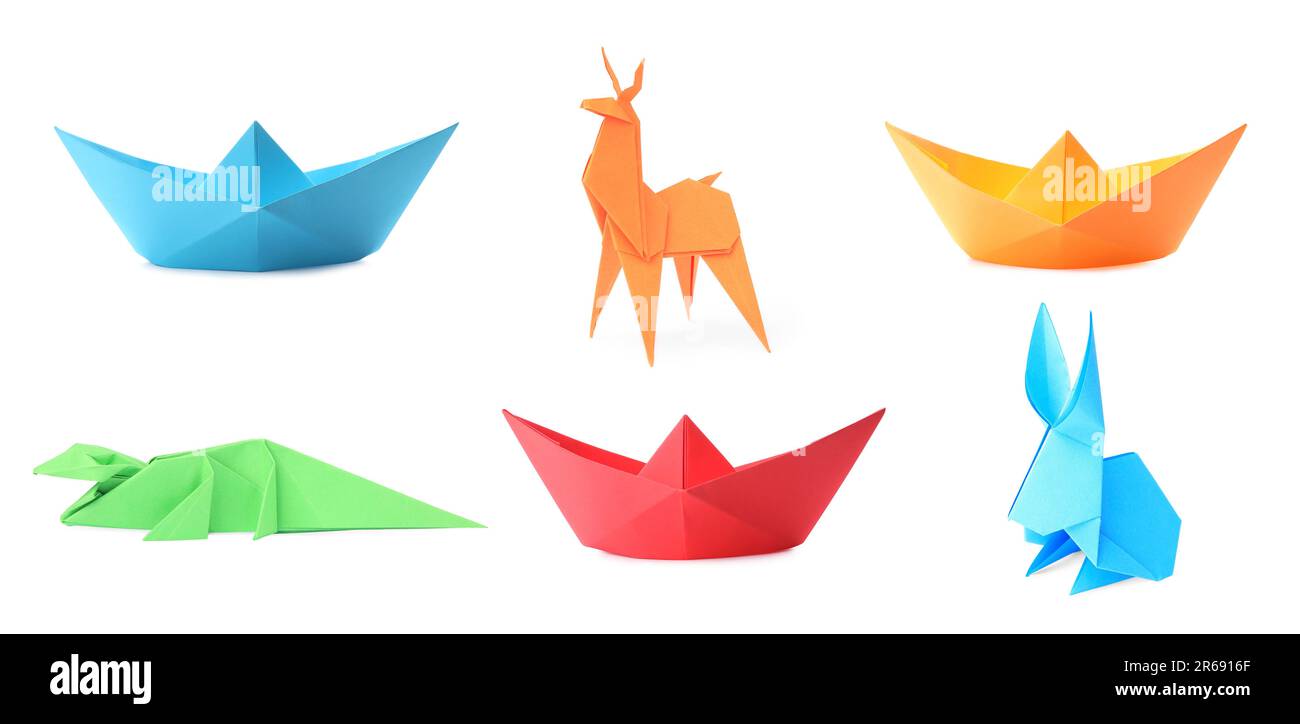 Collage with many different paper figures on white background. Origami ...