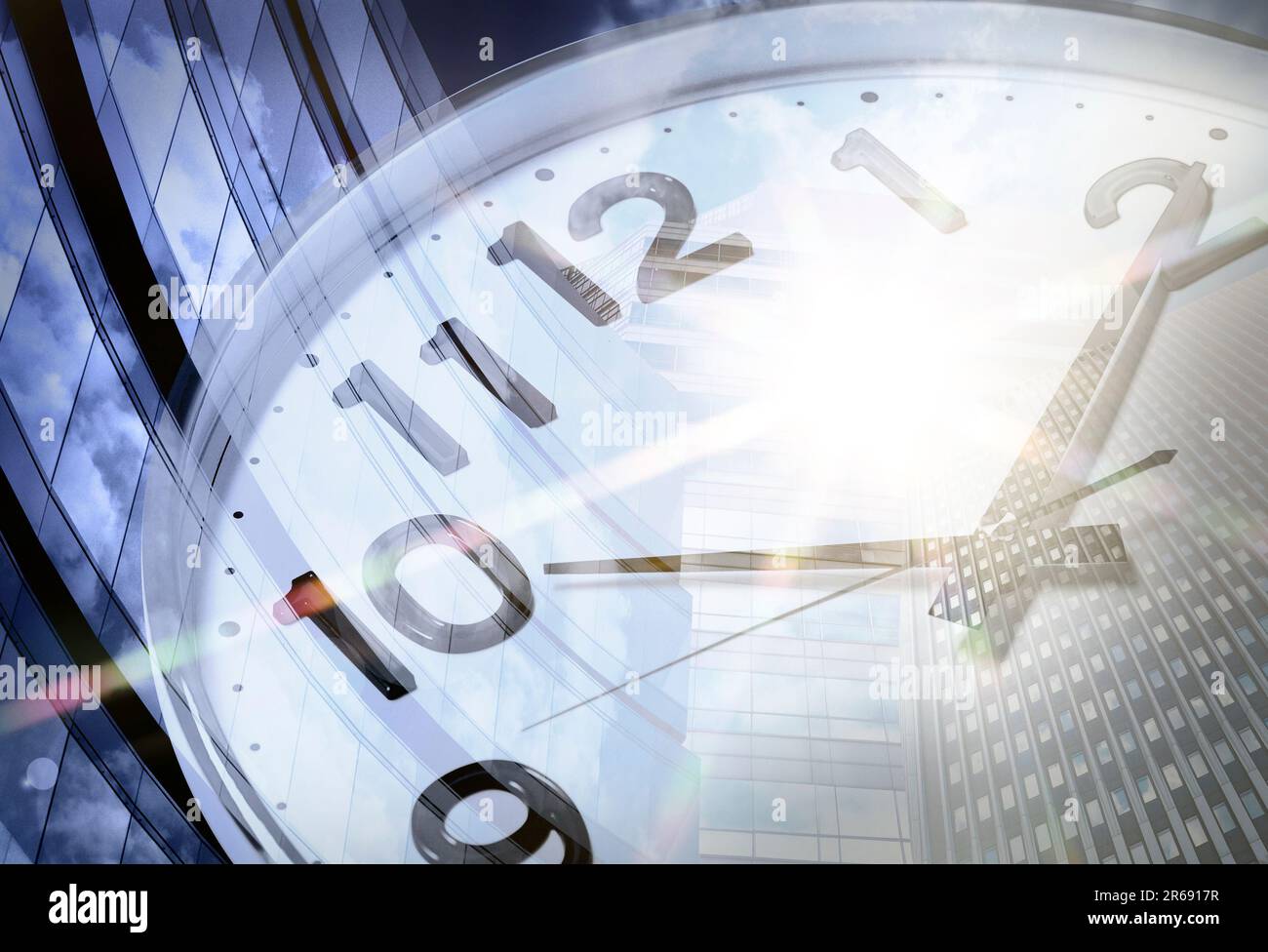 Time related concepts. Double exposure of clock and office buildings ...