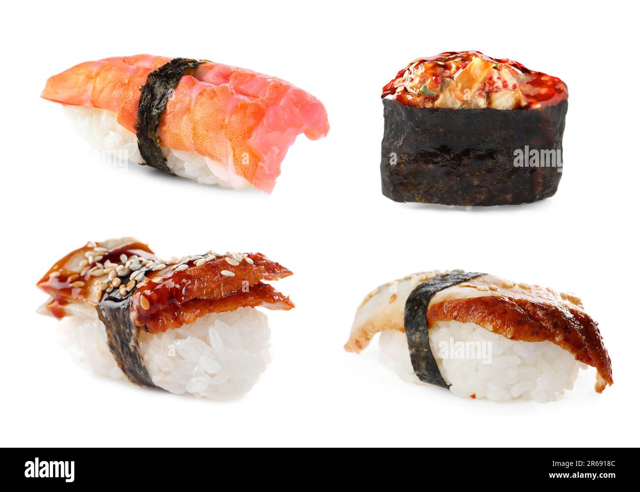 Set with different types of sushi on white background Stock Photo - Alamy