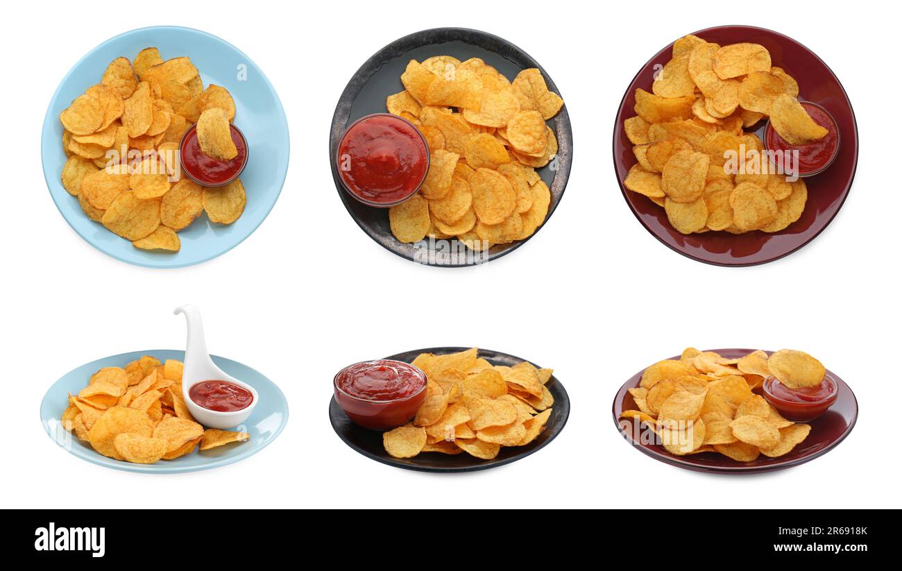 Collage of tasty chips served with ketchup on white background, top and ...