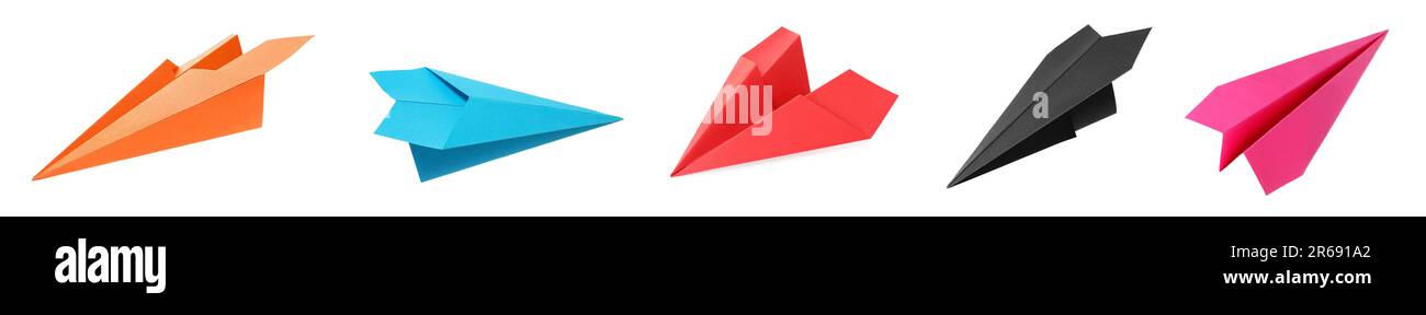 Collage with many paper planes on white background. Origami art Stock ...
