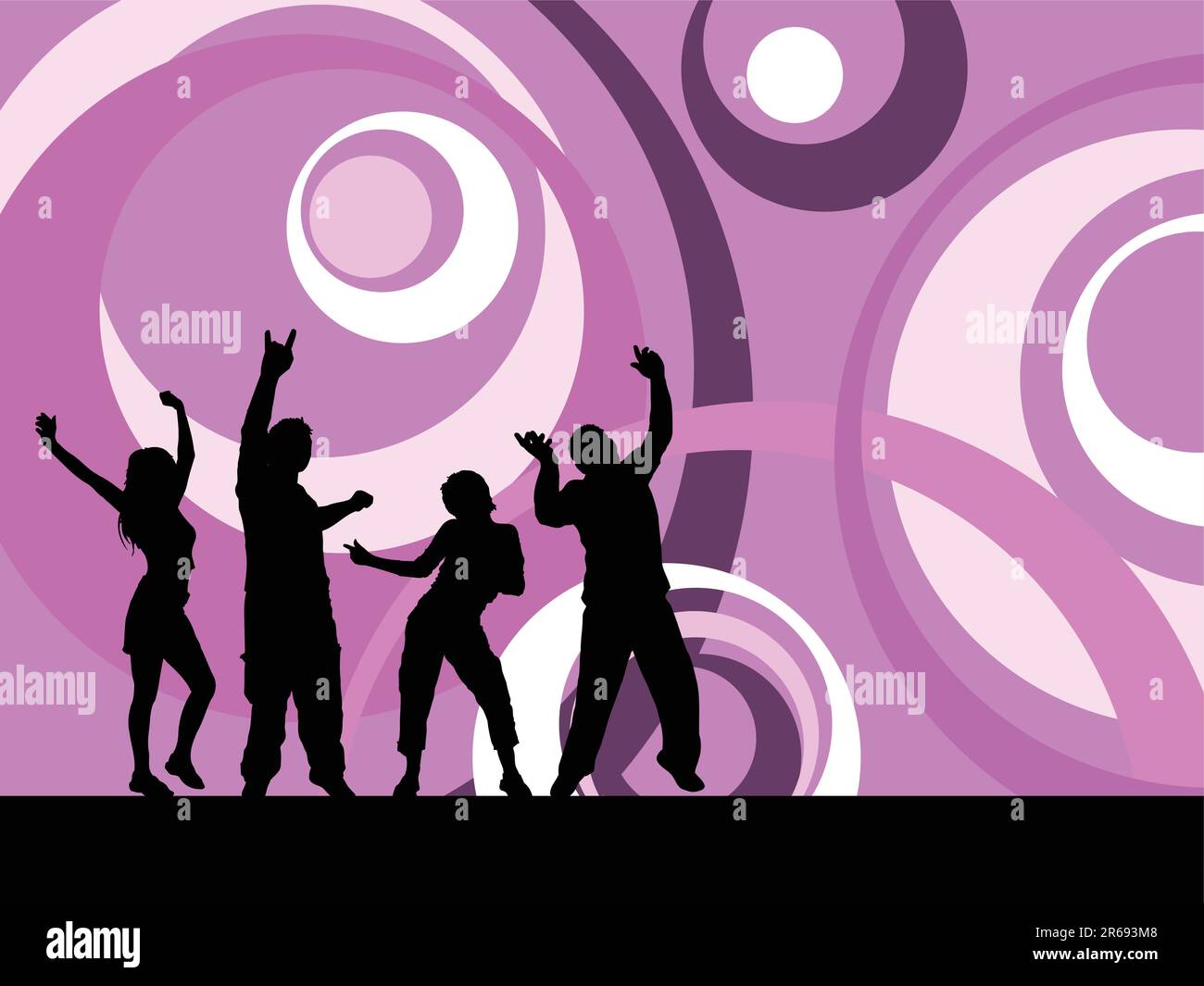 Silhouettes of people dancing on a retro styled abstract background ...