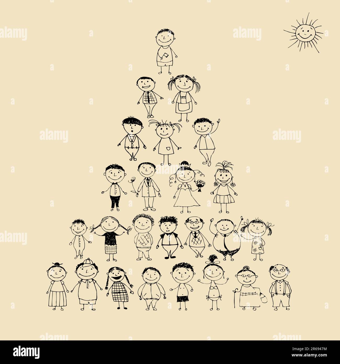 Funny pyramid with happy big family smiling together, drawing sketch ...