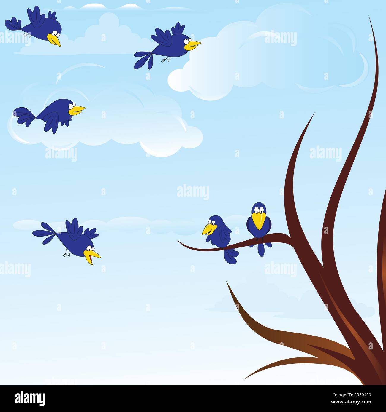 Cute birds are flying near brown tree. Vector illustration Stock Vector ...