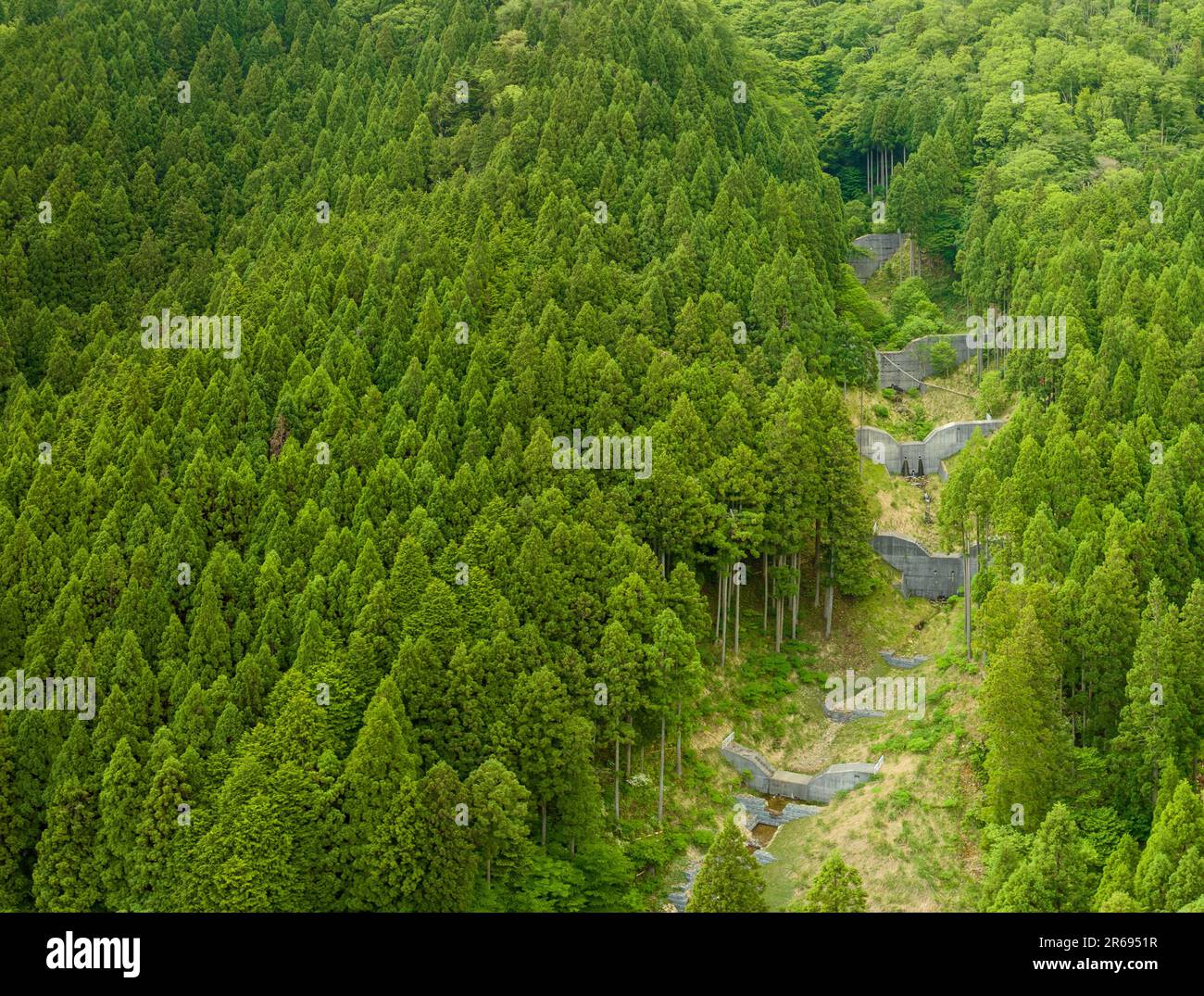 Aerial view of concrete retaining walls in forested mountain landscape ...