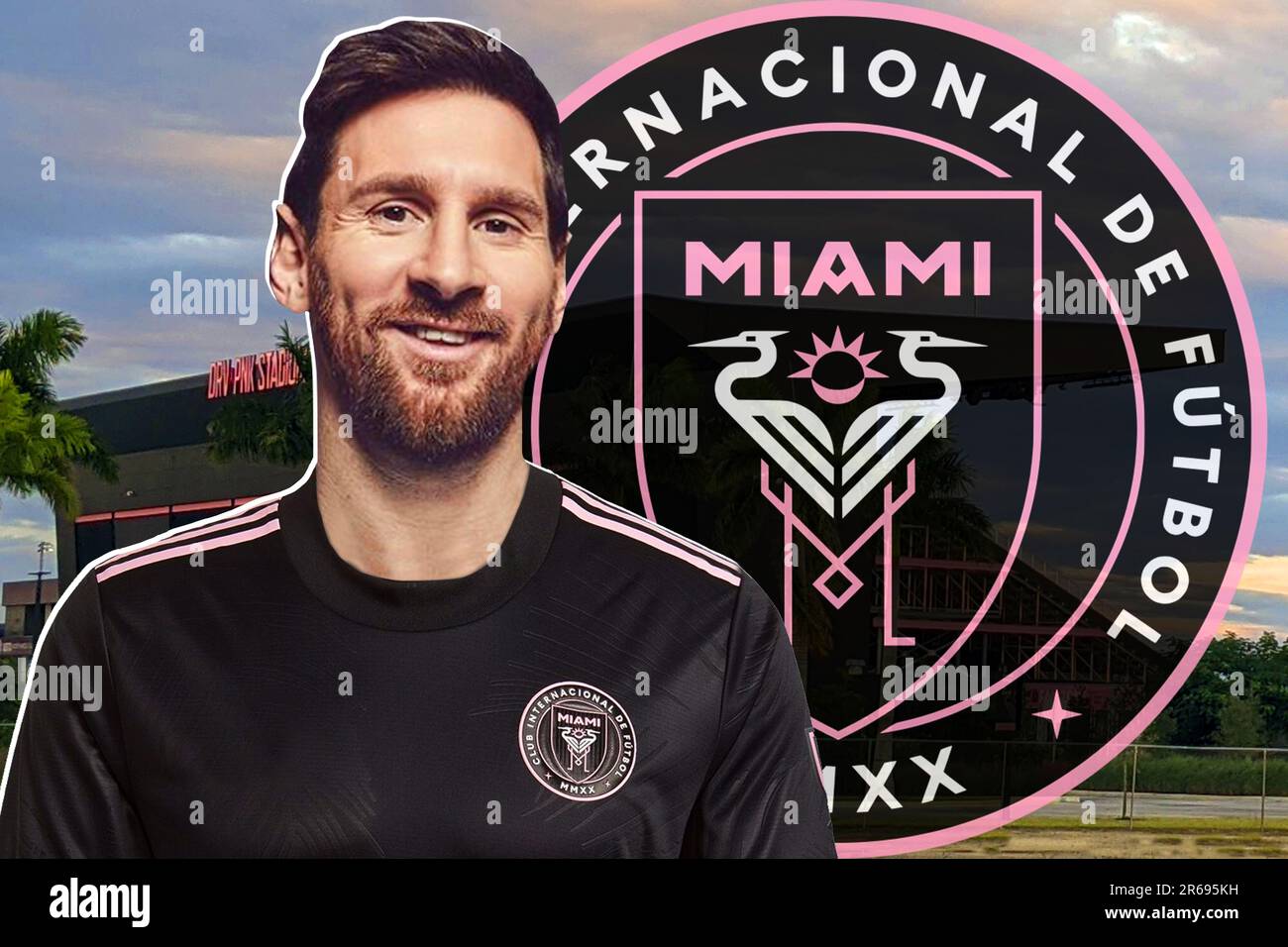 Lionel Messi with the Inter Miami shirt, the shield and the stadium in ...