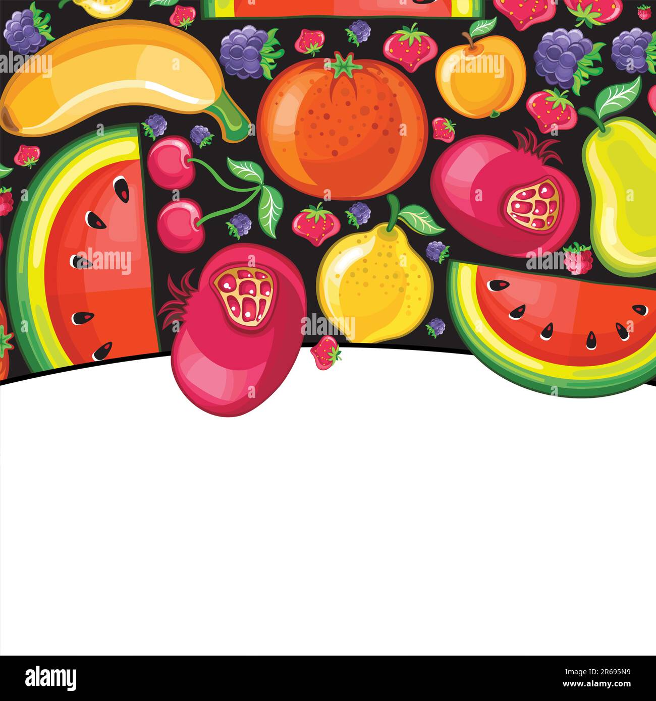 Different types of delicious fruits combined in frame. With space for ...
