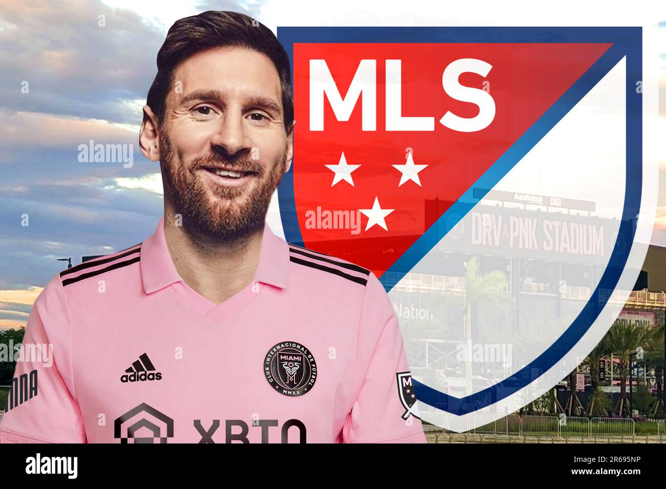 Lionel Messi with the Inter Miami shirt, the MLS shield and the stadium ...