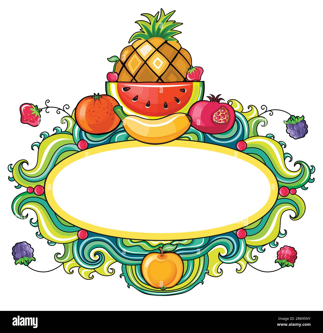 Different types of delicious fruits combined in frame. With space for ...