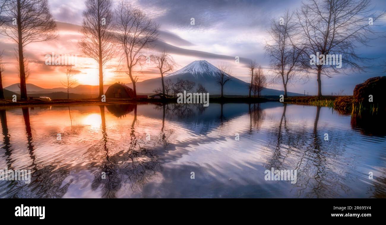 Morning Sunrise and Mt. Fuji and Upside Down Fuji Stock Photo - Alamy