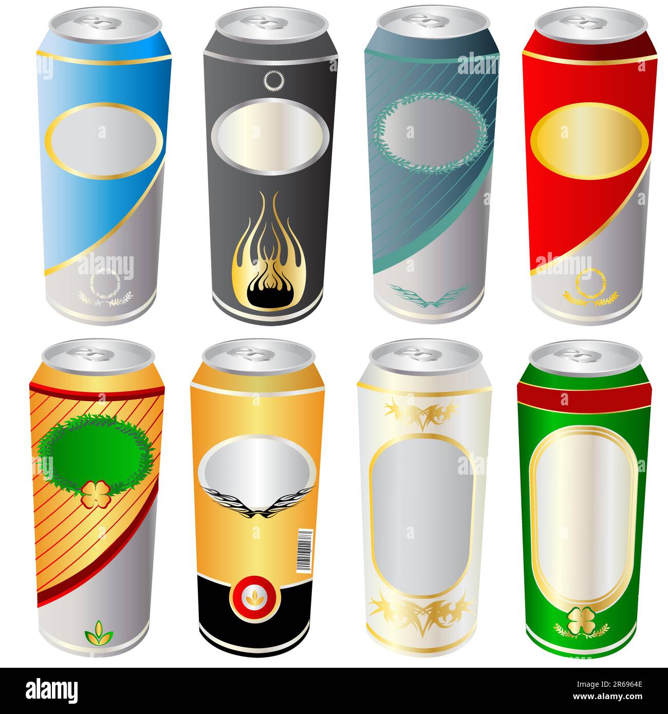 Set of eight different cans, vector illustrations isolated on white ...