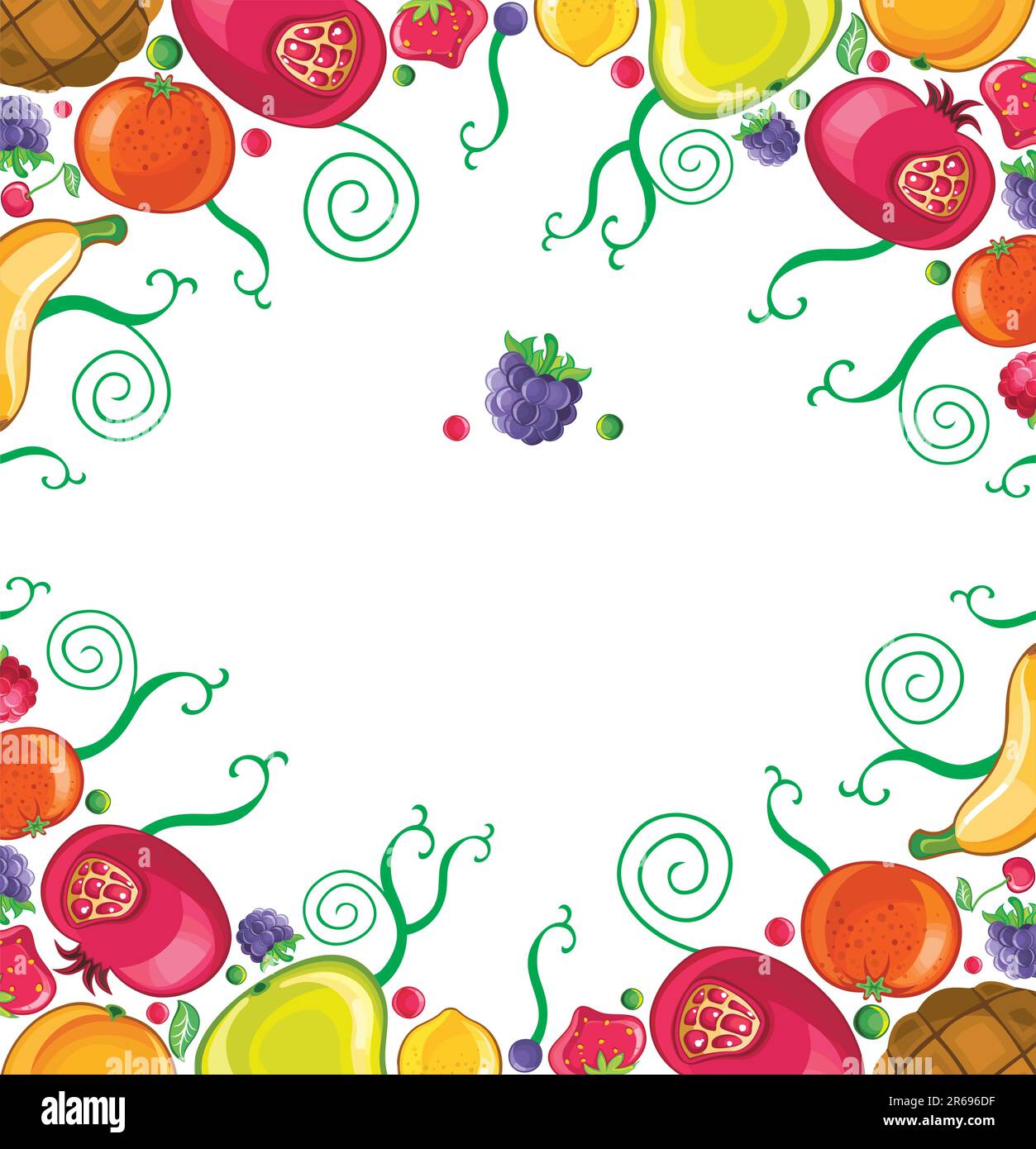 Different types of delicious fruits combined in frame. With space for ...