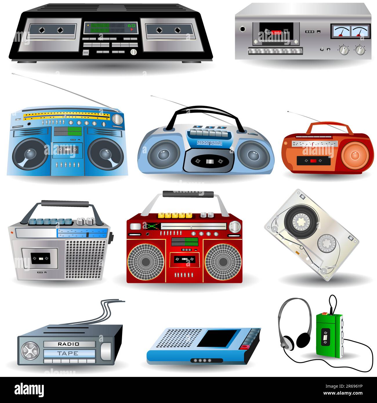 Vector Illustration of ten cassette player icons and a cassette ...