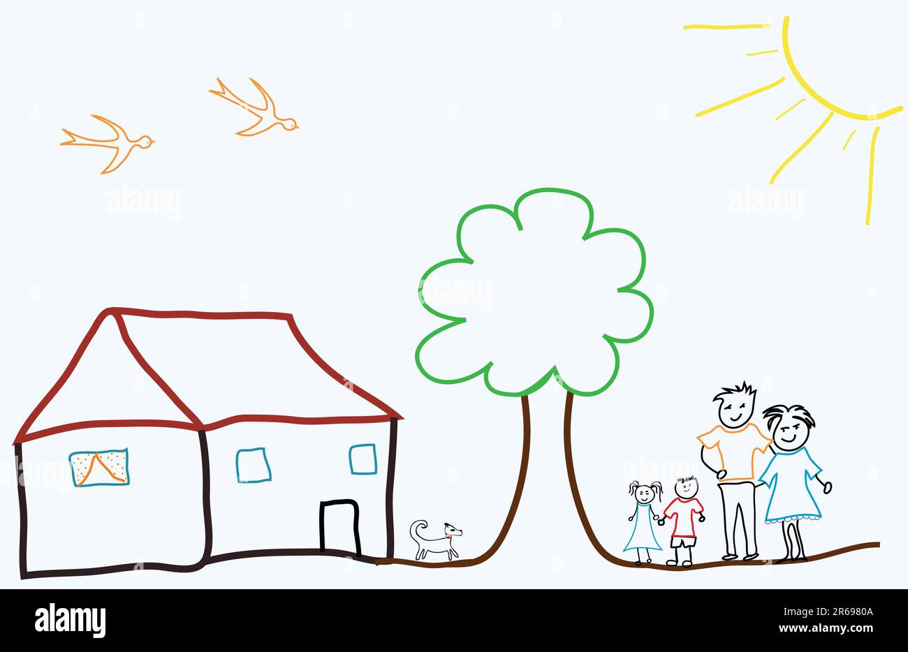 child drawing reprensting a happy family with parents and children ...