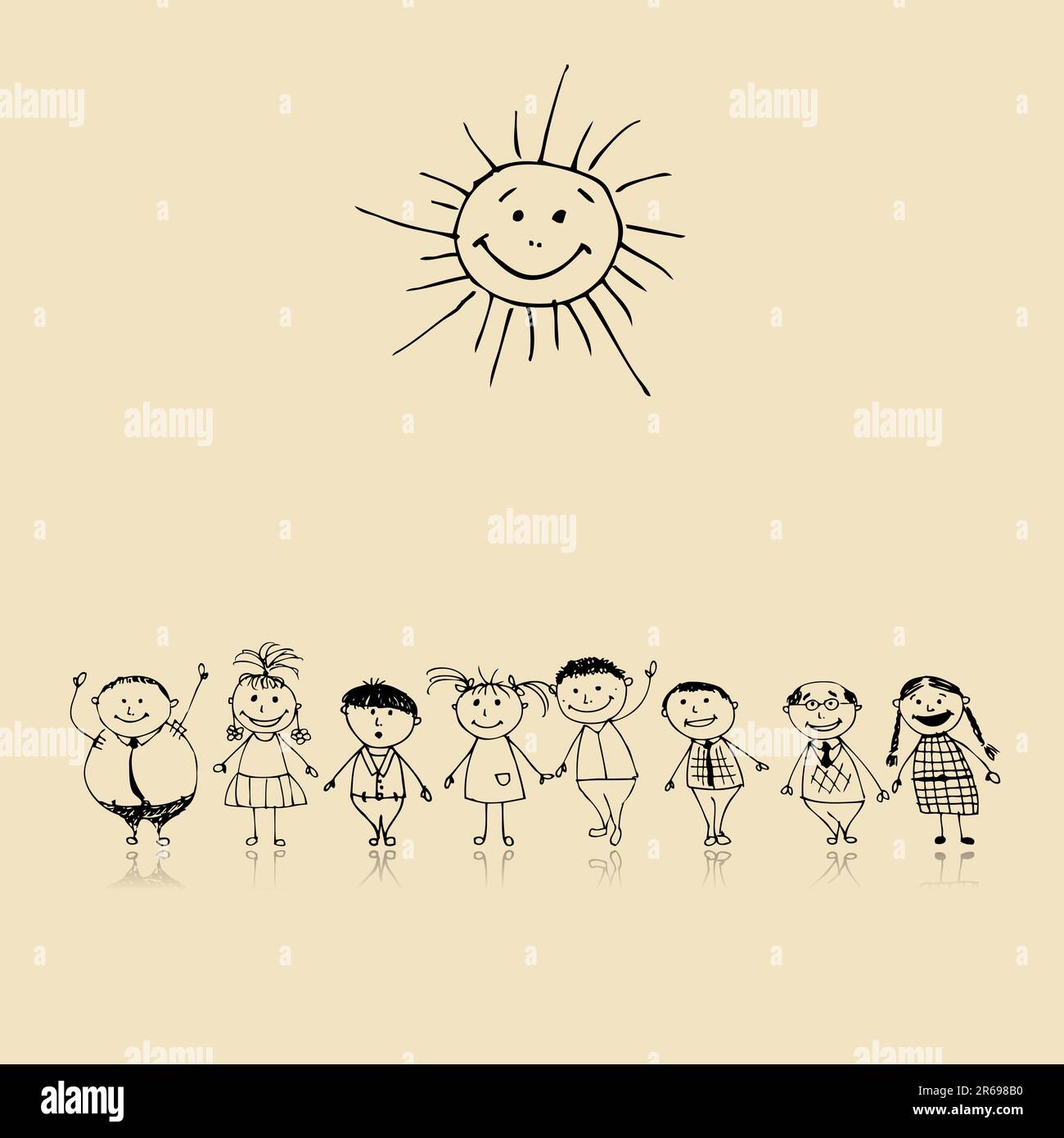 Happy big family smiling together, drawing sketch Stock Vector Image ...