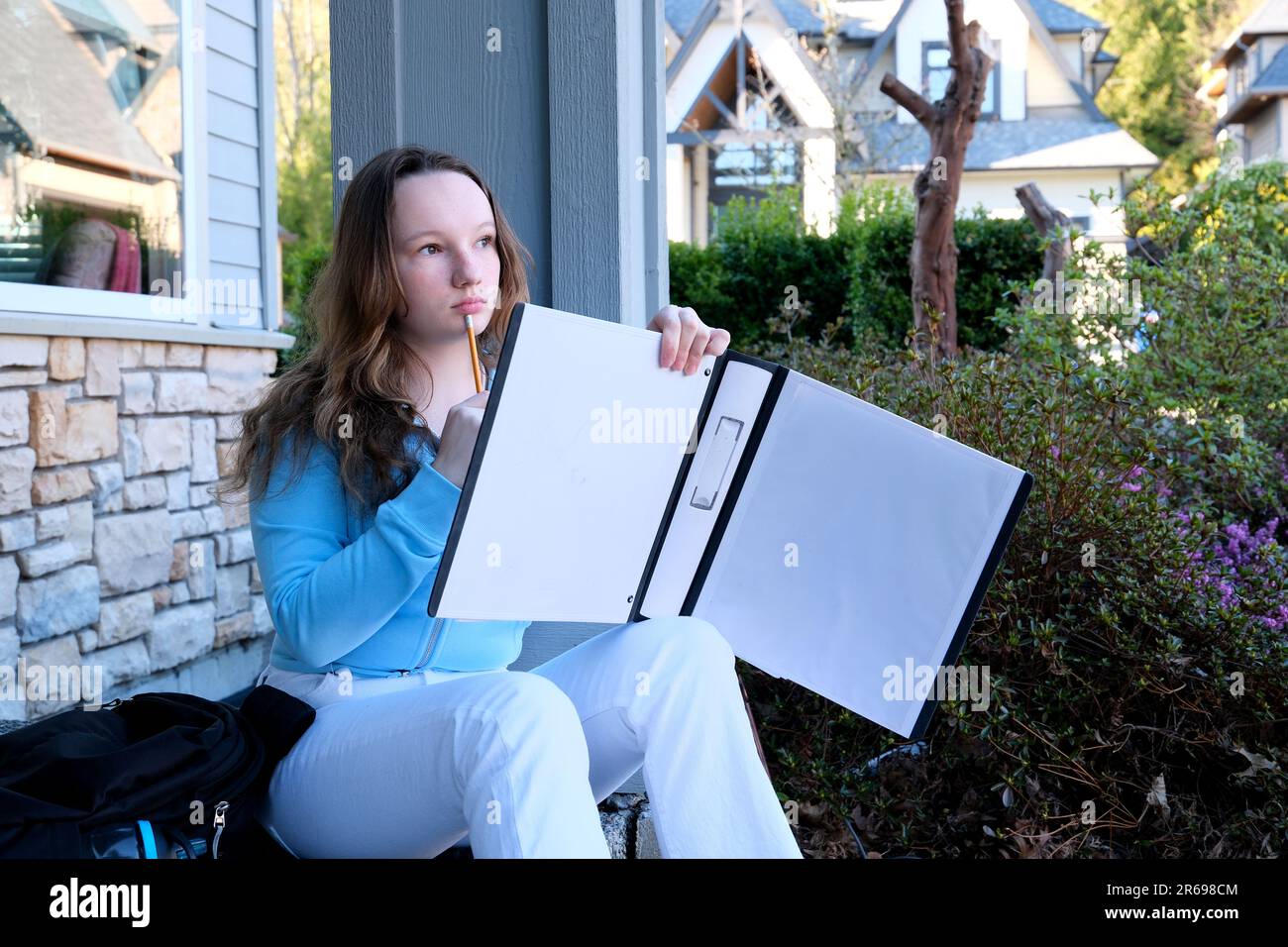Portrait of creative pensive little girl teenager school child ...