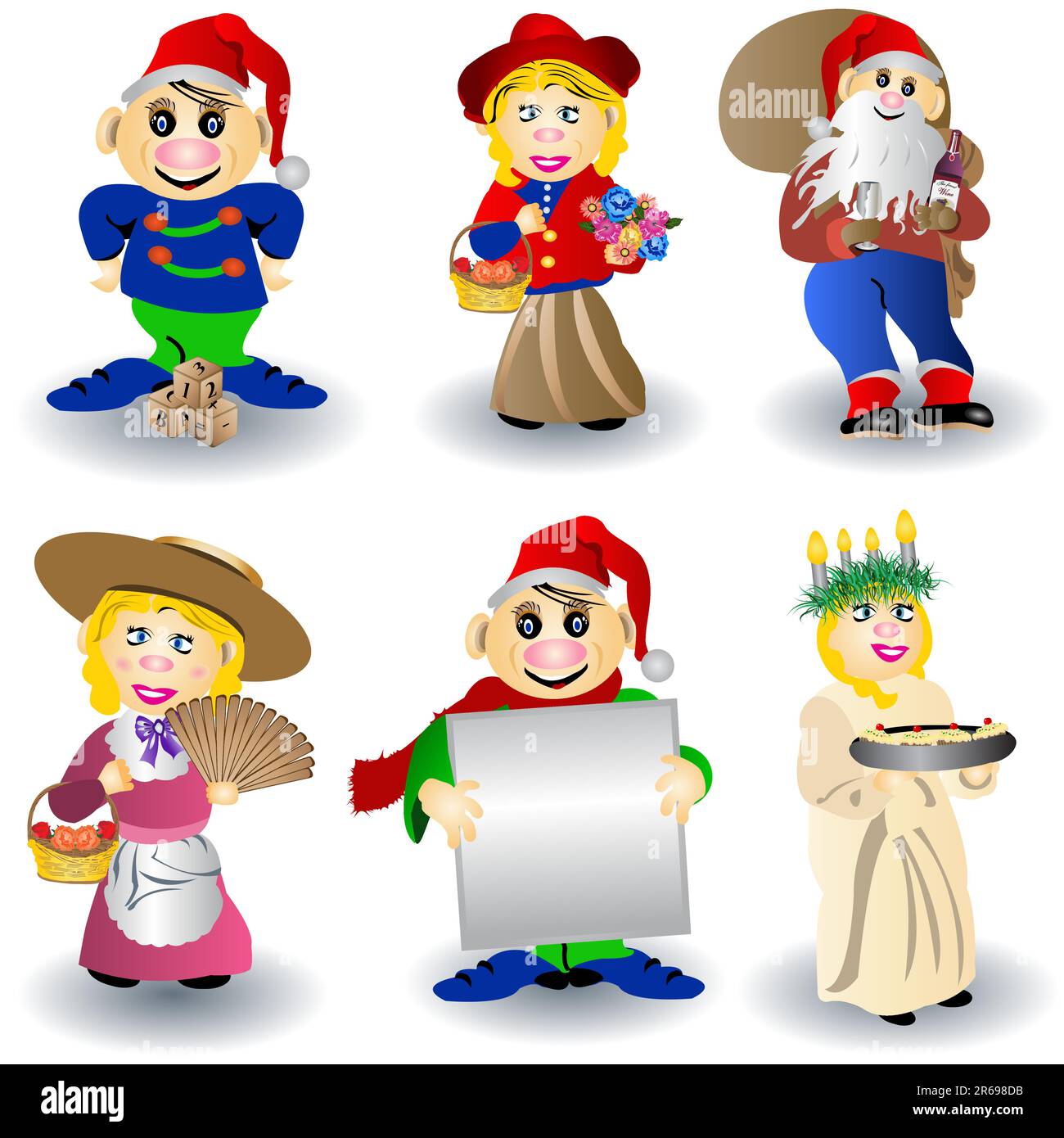Vector illustration of nine different colored dwarfs in different ...