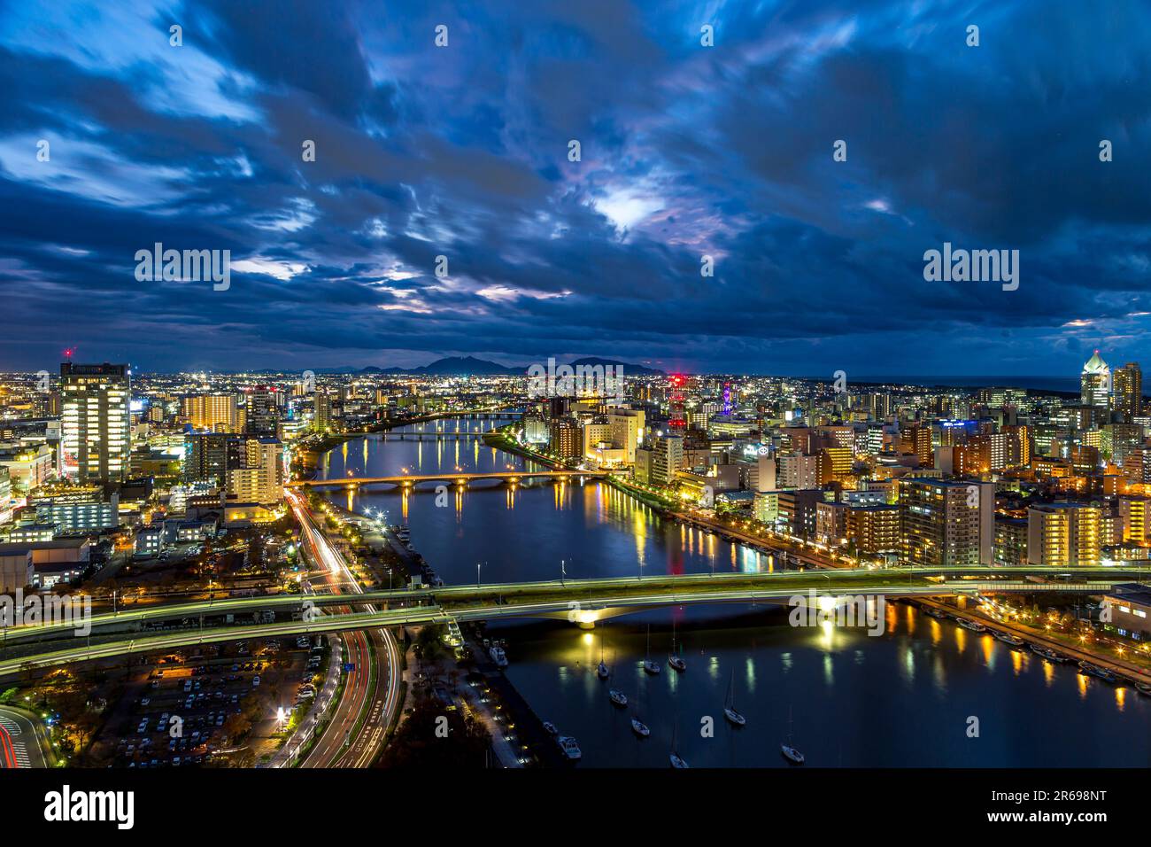 Historic Bandai Bridge and the beautiful night view along the Niigata ...