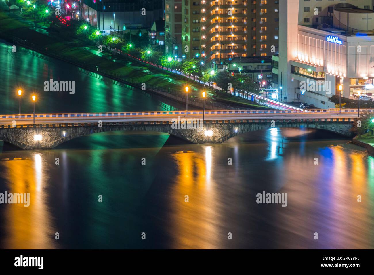 Historic Bandai Bridge and the beautiful night view along the Niigata ...