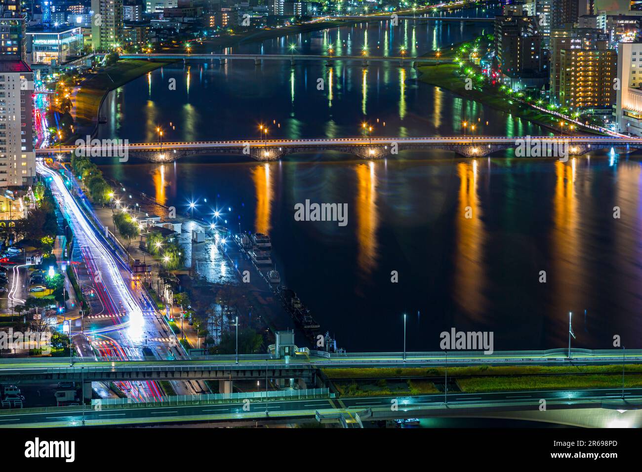 Historic Bandai Bridge and the beautiful night view along the Niigata ...