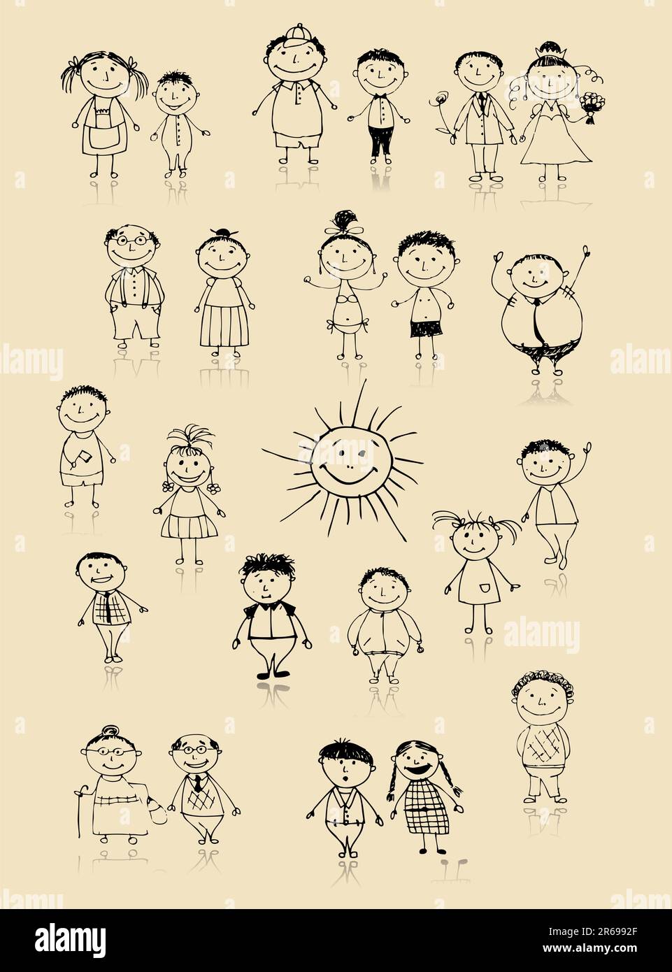Happy big family smiling together, drawing sketch Stock Vector Image ...