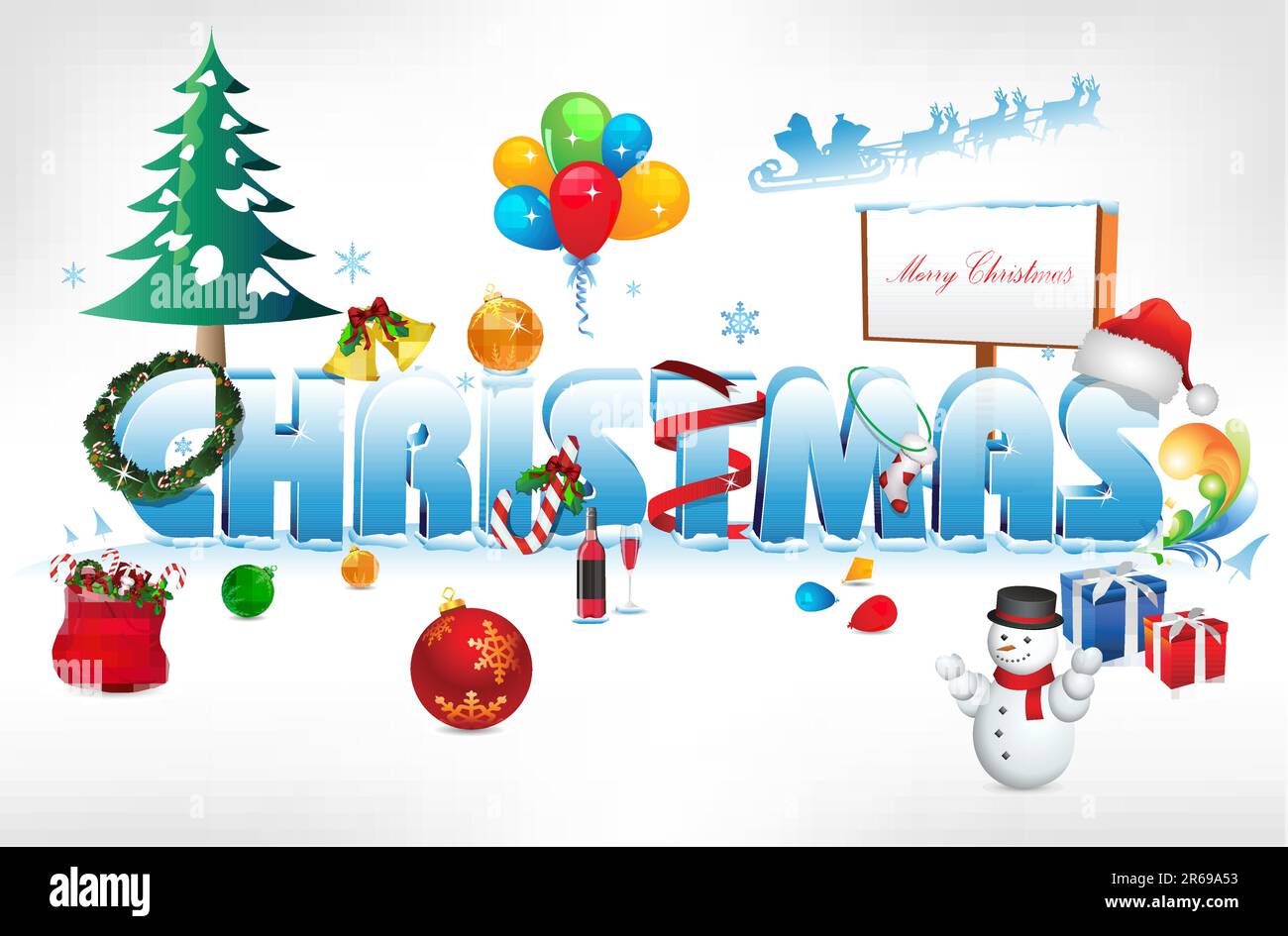 illustration of christmas text on snowy background with balloons and ...