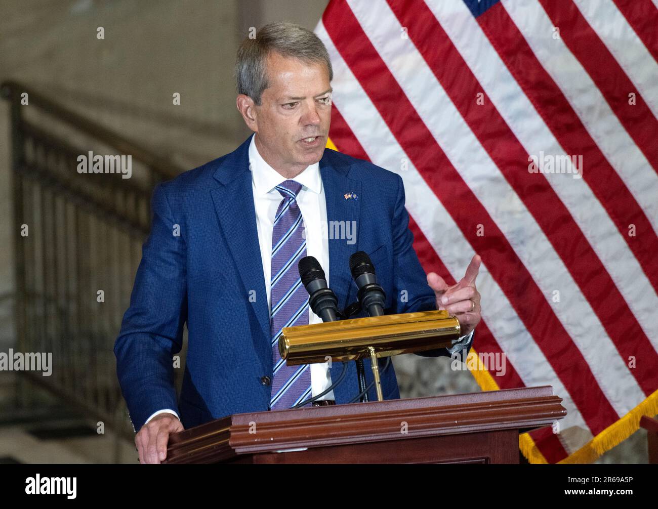 Governor Jim Pillen (Republican of Nebraska) makes remarks at the ...