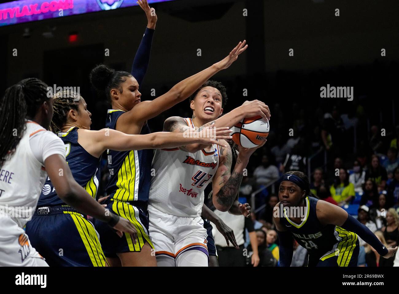 Phoenix Mercury center Brittney Griner (42) works to take a shot as ...