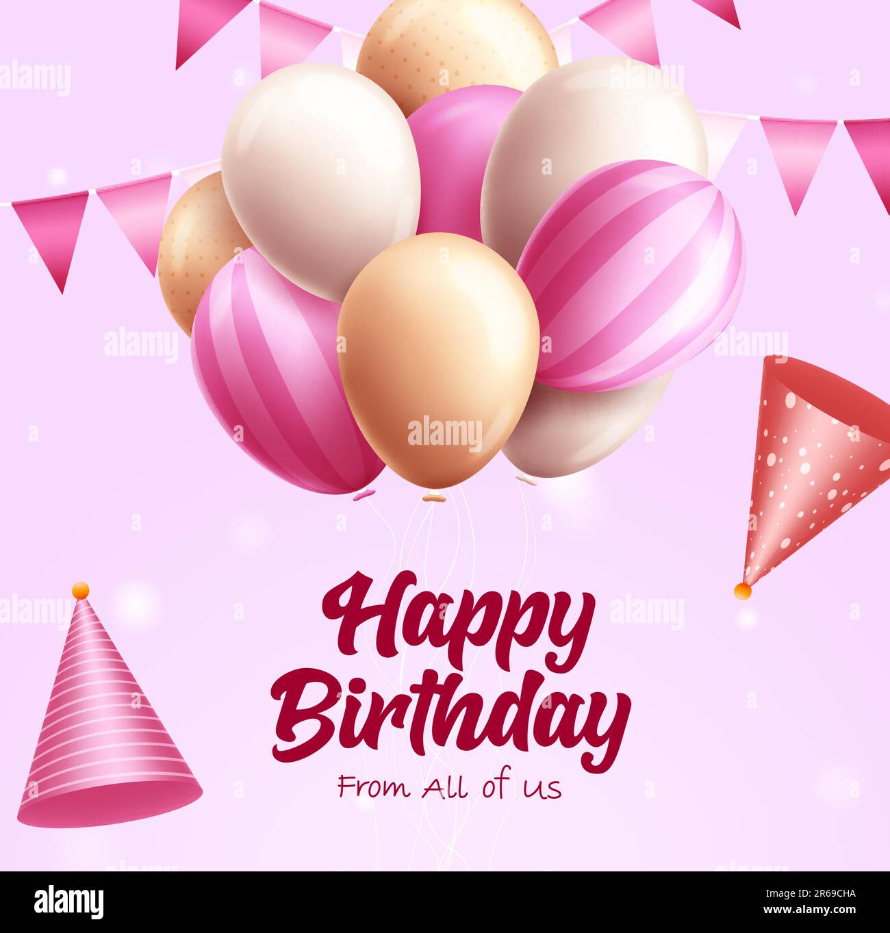 Birthday balloons vector design. Happy birthday text with bunch of pink ...