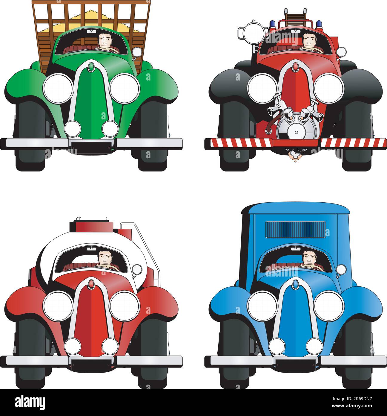 four old trucks with driver, lorry, fire truck, van and tank truck ...