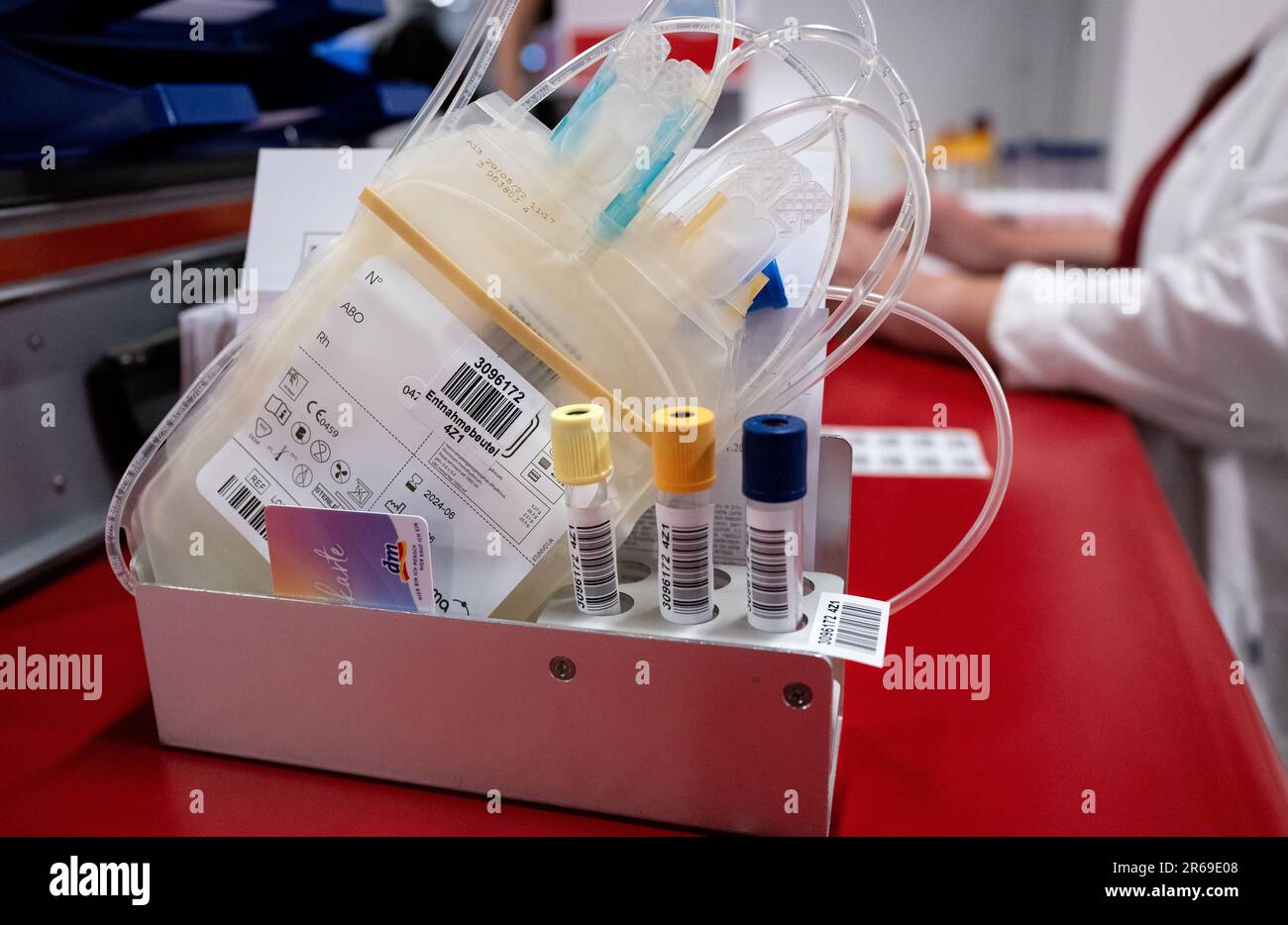 Munich, International. 07th June, 2023. An empty bag and test tubes ...