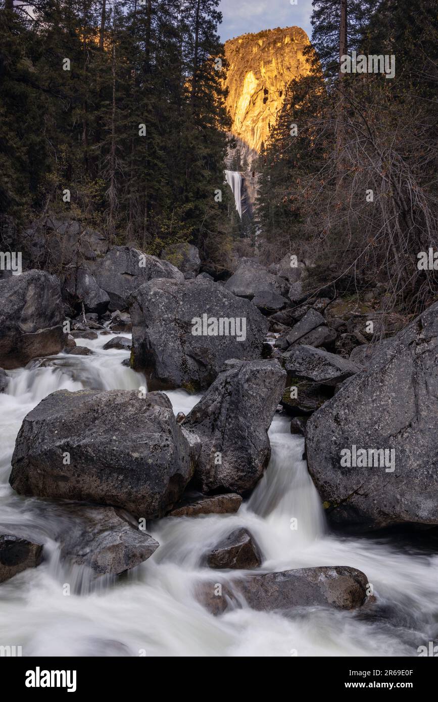 Landscape of the Merced River with Vernal Falls and sunset colored ...