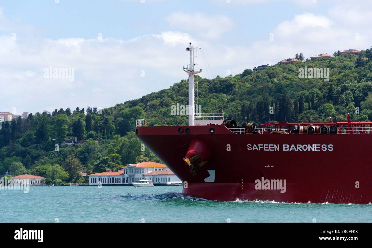 A large ship, the Safeen Baroness oil tanker, goes upstream in the ...