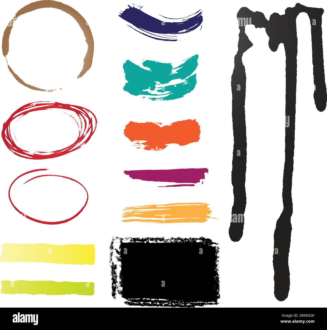 Coffee stain ring, red pen circles, highlight markers, brush strokes ...