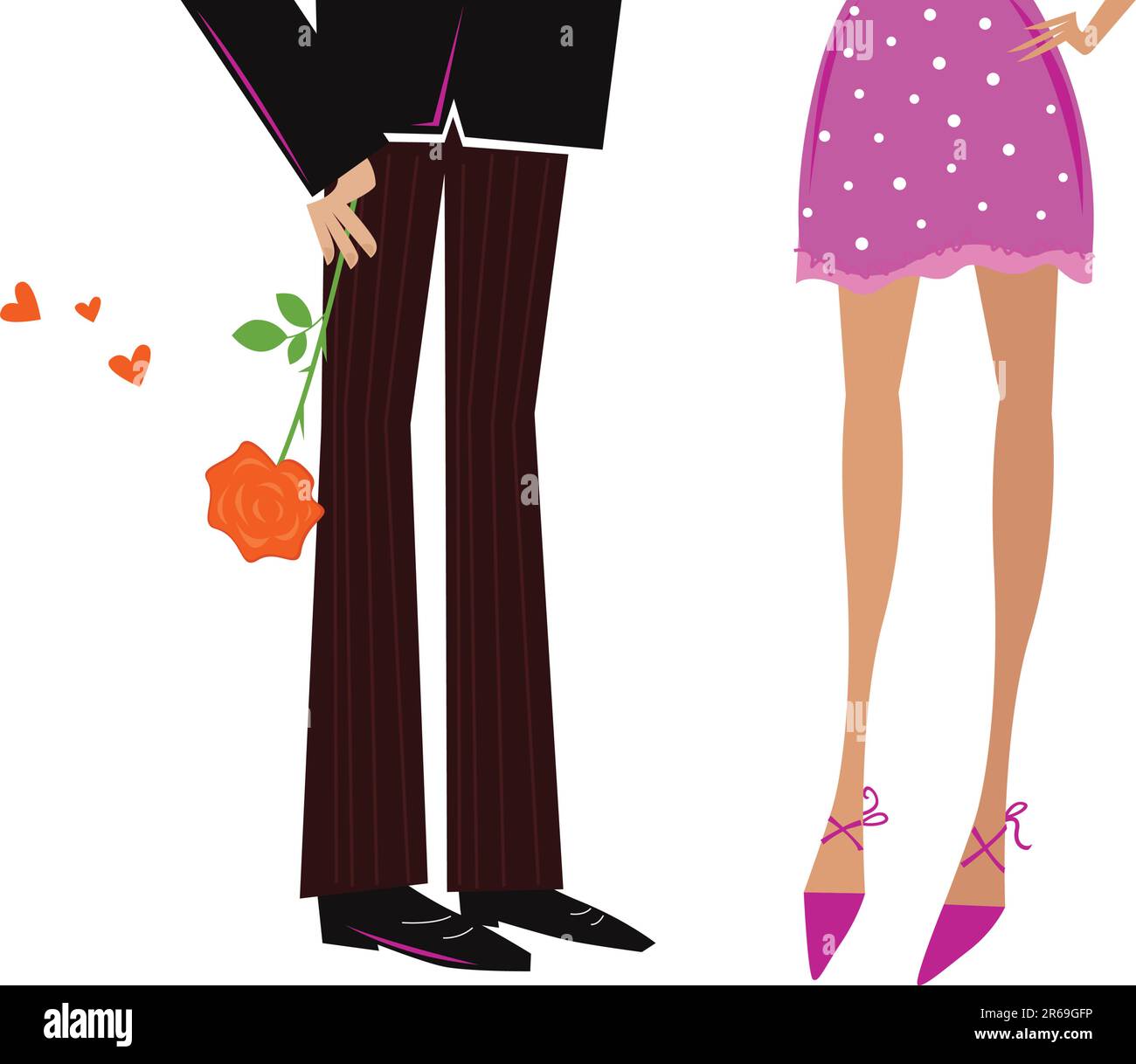 Man and woman in retro style on a date. Man giving woman present - red ...
