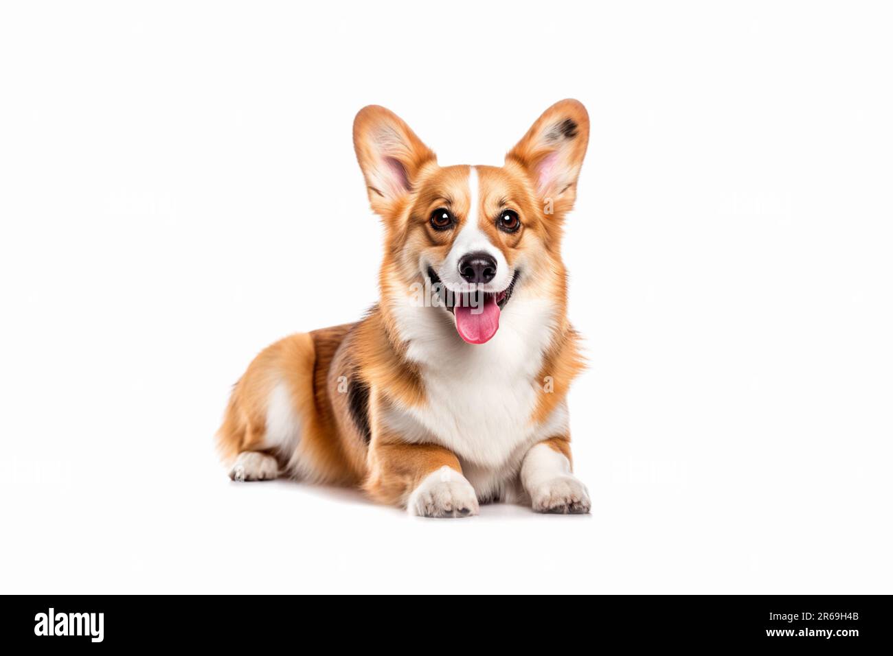 Pembroke Welsh Corgi lying down on floor isolated on white background ...